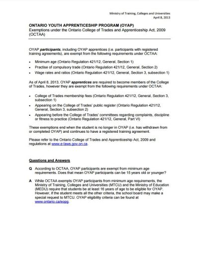 ONTARIO YOUTH APPRENTICESHIP PROGRAM (OY – Publications Ontario