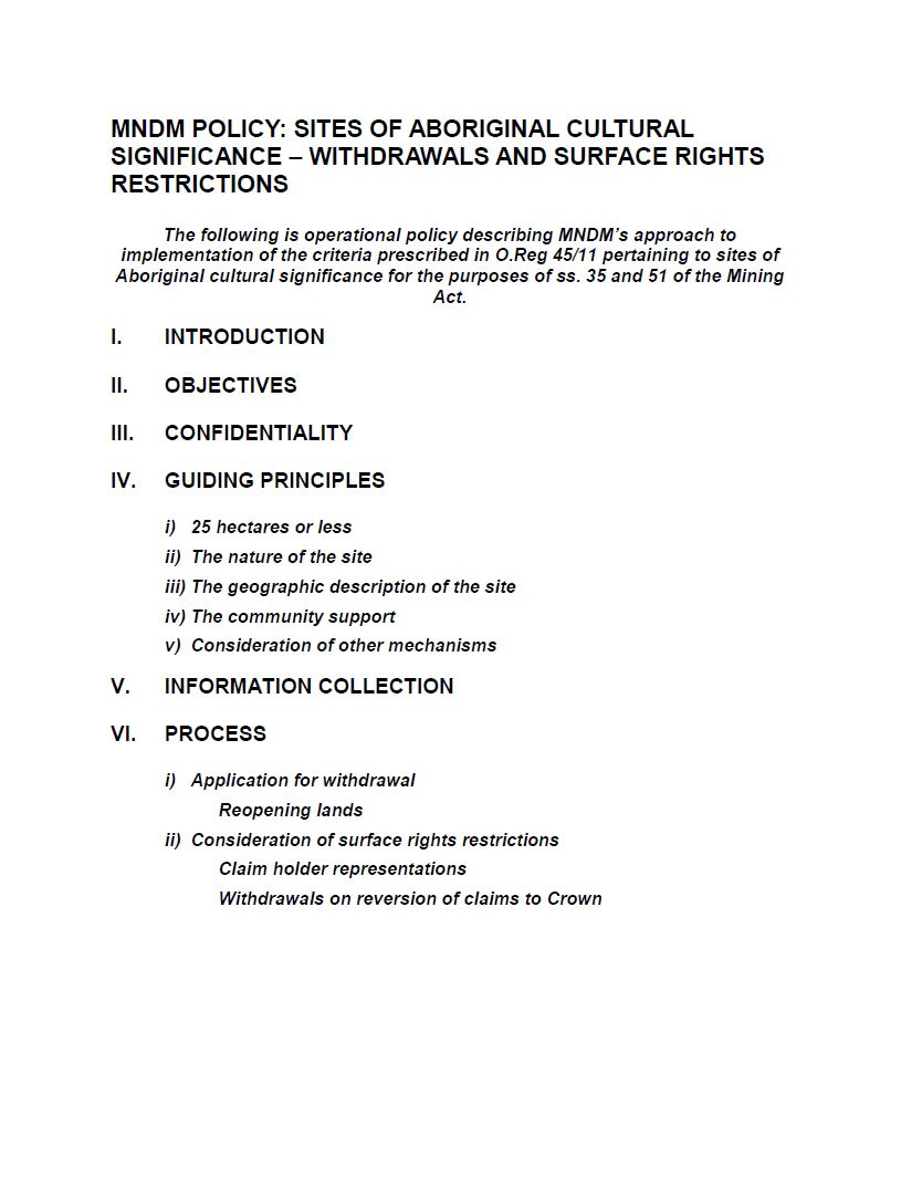 MNDM POLICY: SITES OF ABORIGINAL CULTURA – Publications Ontario