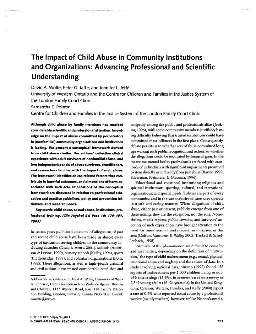 The Impact of Child Abuse in Community I – Publications Ontario