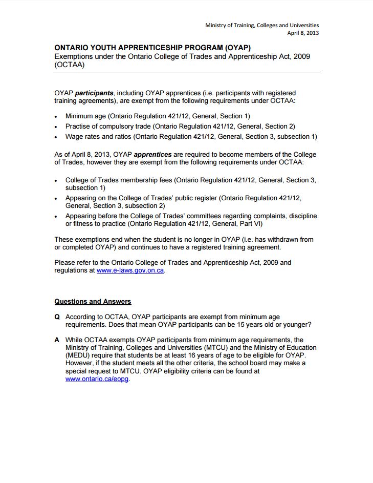 ONTARIO YOUTH APPRENTICESHIP PROGRAM (OY – Publications Ontario