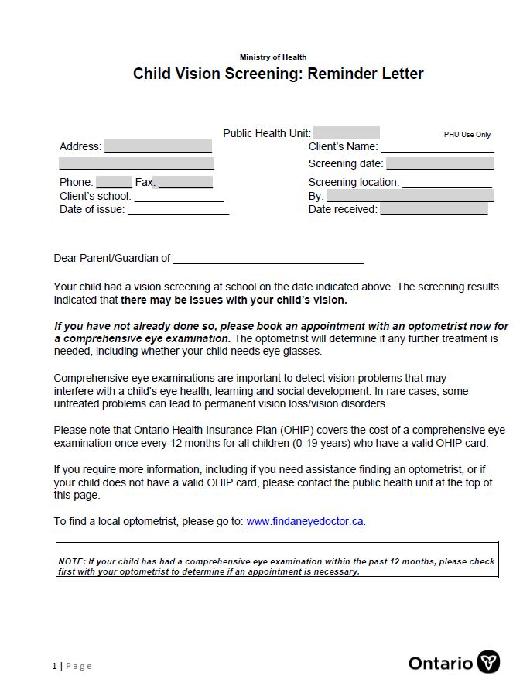 Child Vision Screening Reminder Letter Publications Ontario