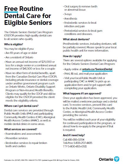 Free Routine Dental Care for Eligible Seniors – Publications Ontario