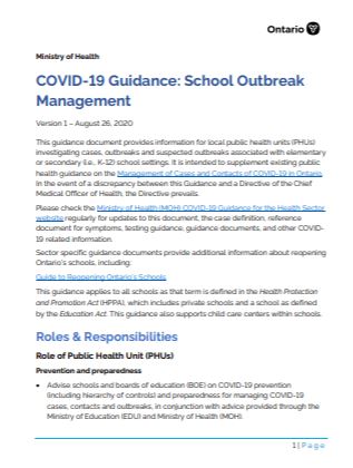 COVID-19 Guidance : School Outbreak Management - Publications Ontario